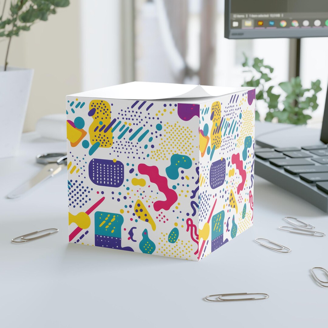 Retro 80s Memphis Style Sticky Note Cube - Colorful Geometric Office ...