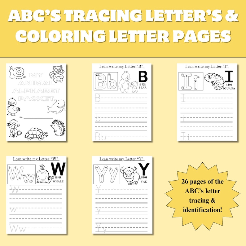 Alphabet Practice Animal Coloring Worksheets, 26 Pages of ABC Practice ...