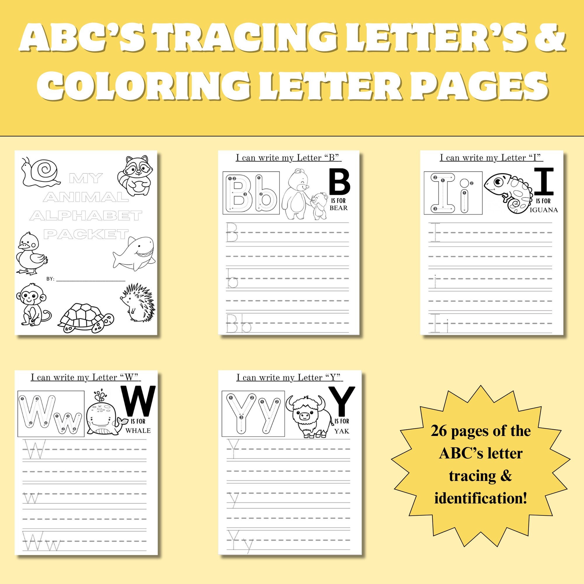 Alphabet Practice Animal Coloring Worksheets, 26 Pages of ABC Practice ...