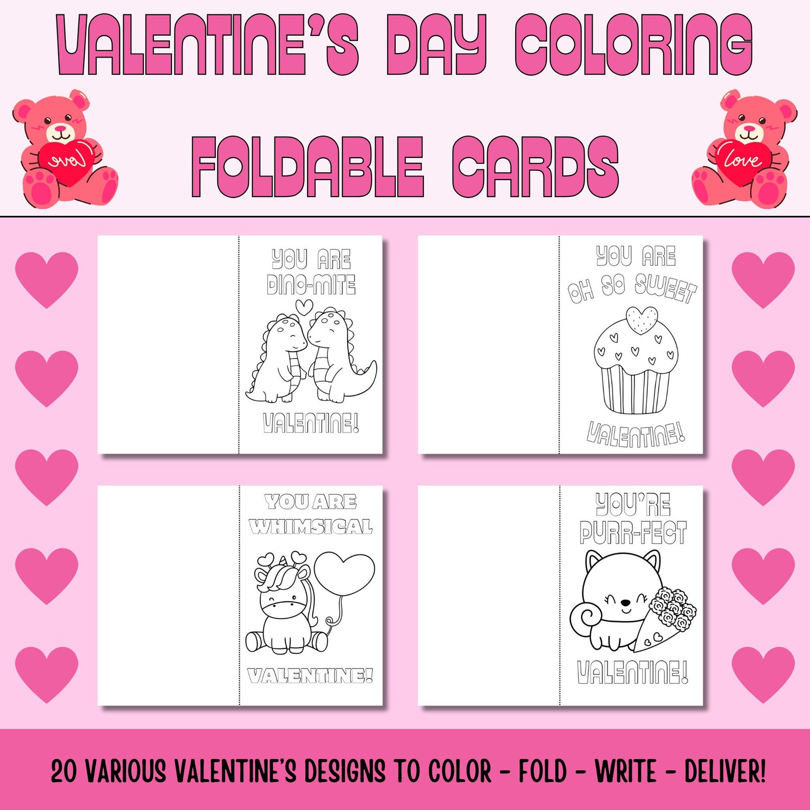 Valentine's Day Cards - Coloring Pages, Printable PDF, Foldable (with ...