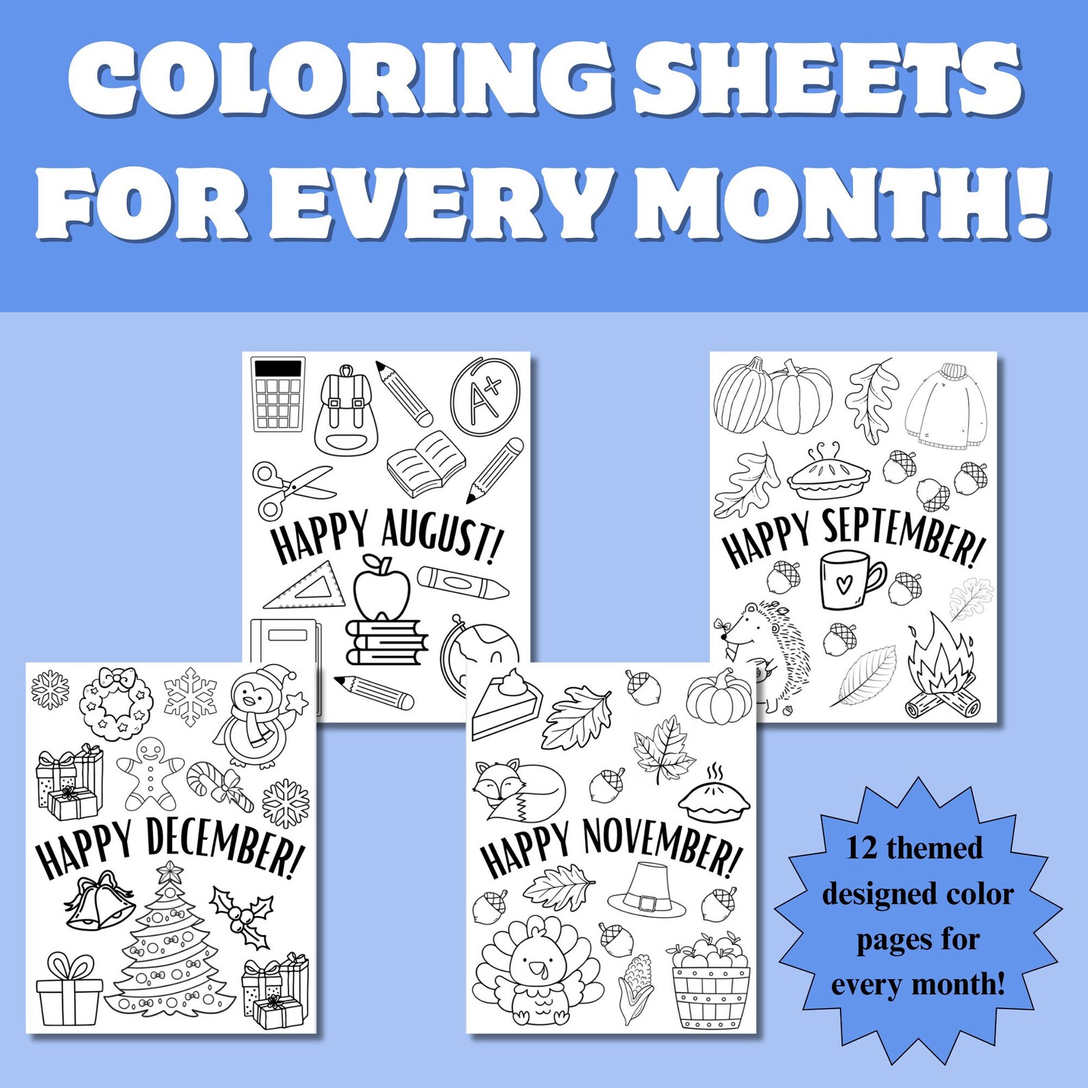 Printable Coloring Sheets for Each Month, Themed Coloring Sheets, 12 ...