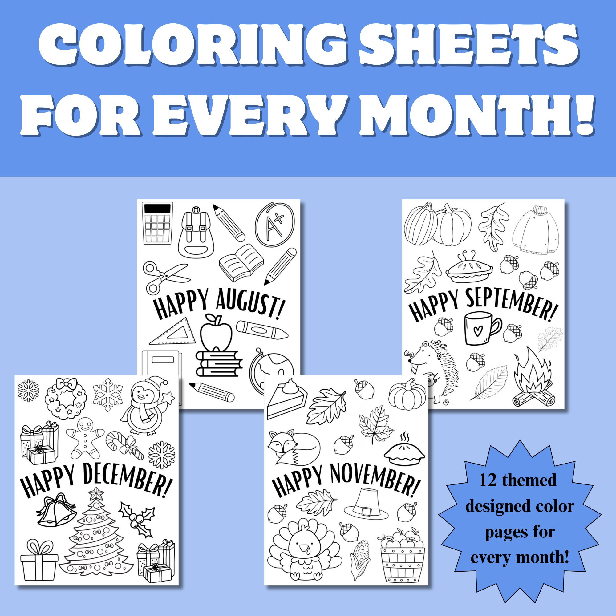 Printable Coloring Sheets for Each Month, Themed Coloring Sheets, 12 ...
