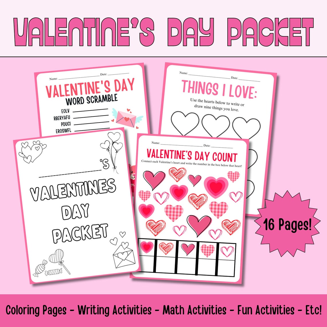 Valentine's Day Worksheet Packet - Includes 16 Pages of Activities ...