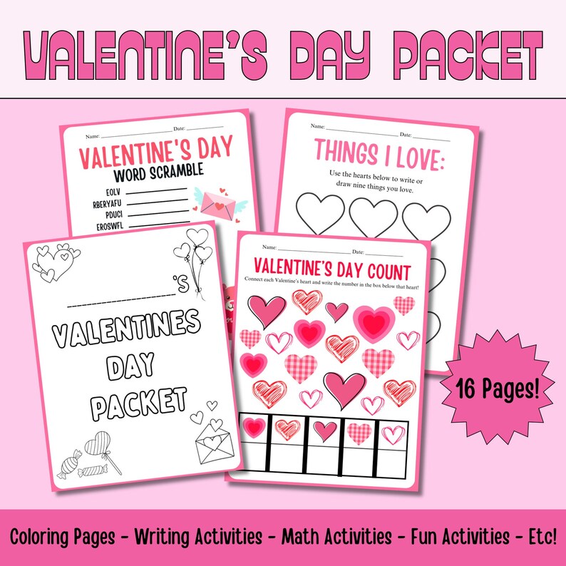 Valentine's Day Worksheet Packet - Includes 16 Pages of Activities ...