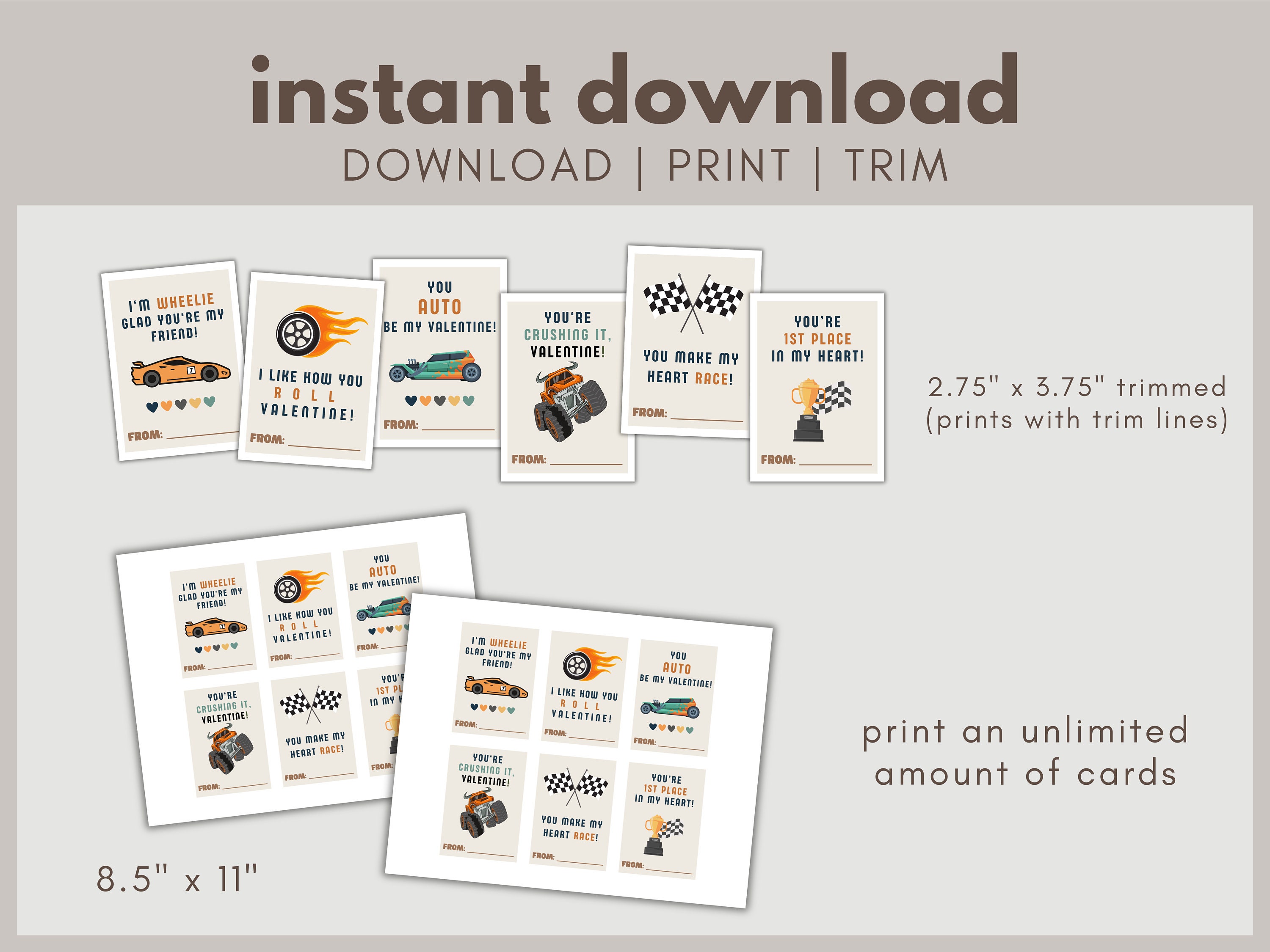 Cars Printable Valentine Cards for Kids - Instant Download Classroom ...