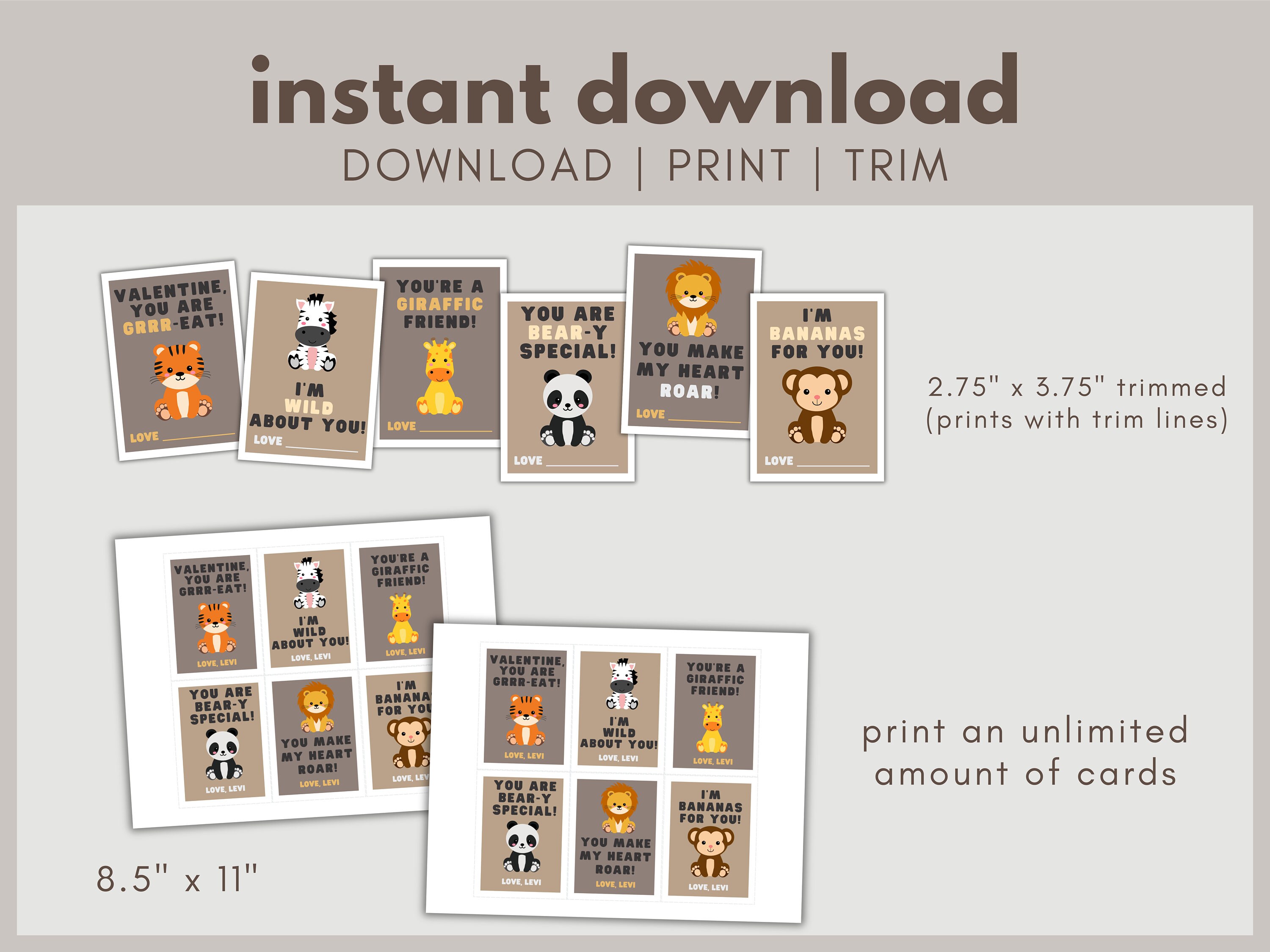 Safari Animals Printable Valentine Cards for Kids Instant Download ...