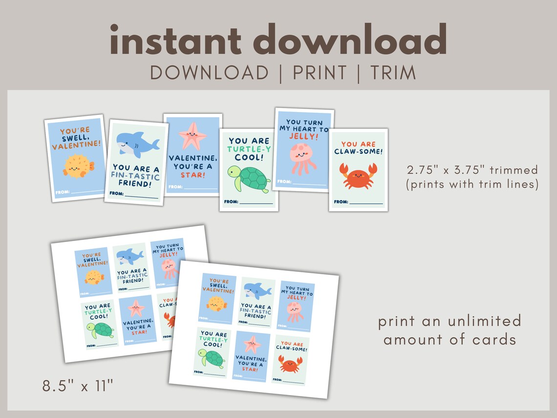 Sea Animals Printable Valentine Cards for Kids Instant Download ...