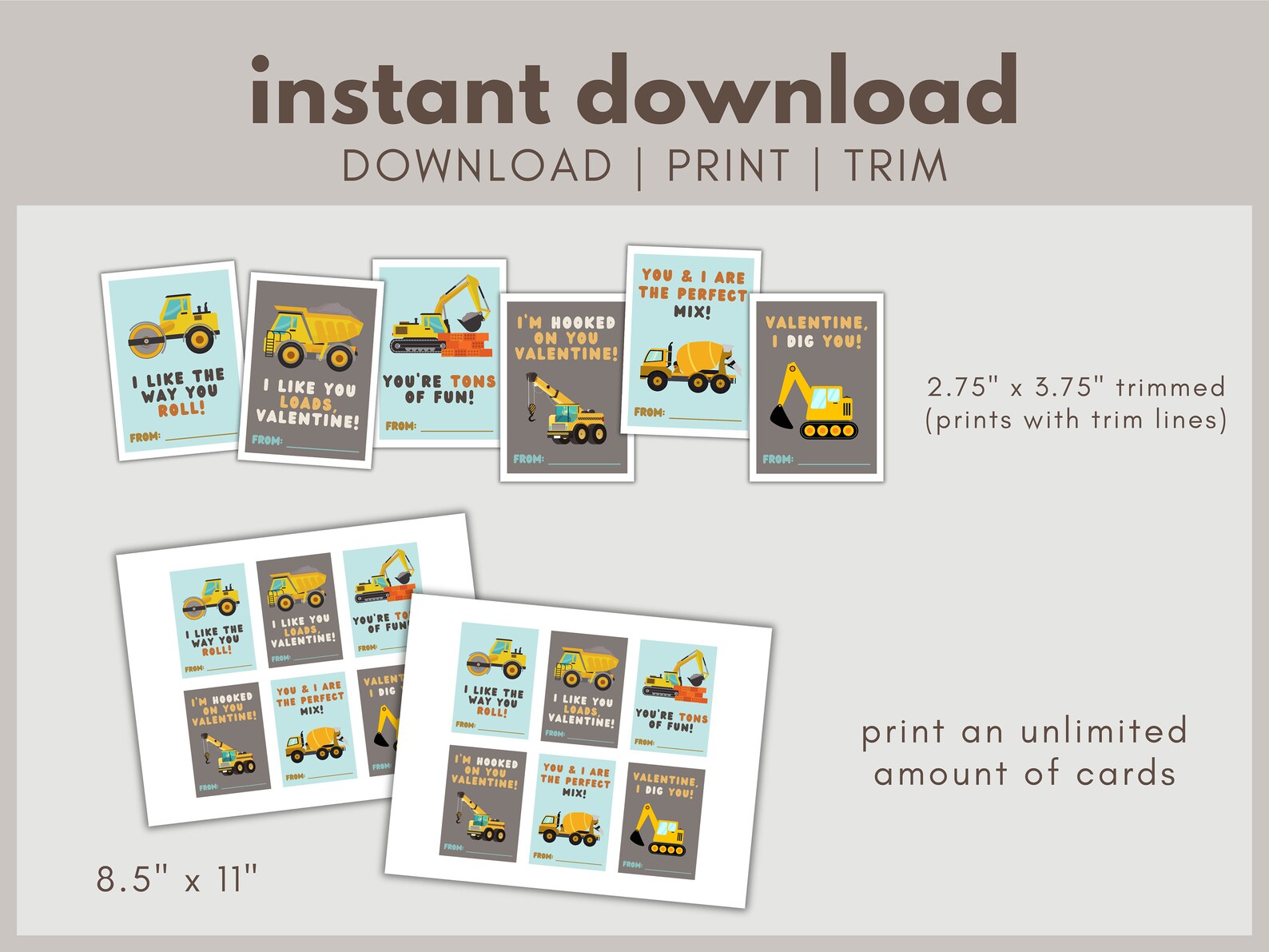Construction Printable Valentine Cards for Kids Instant Download ...