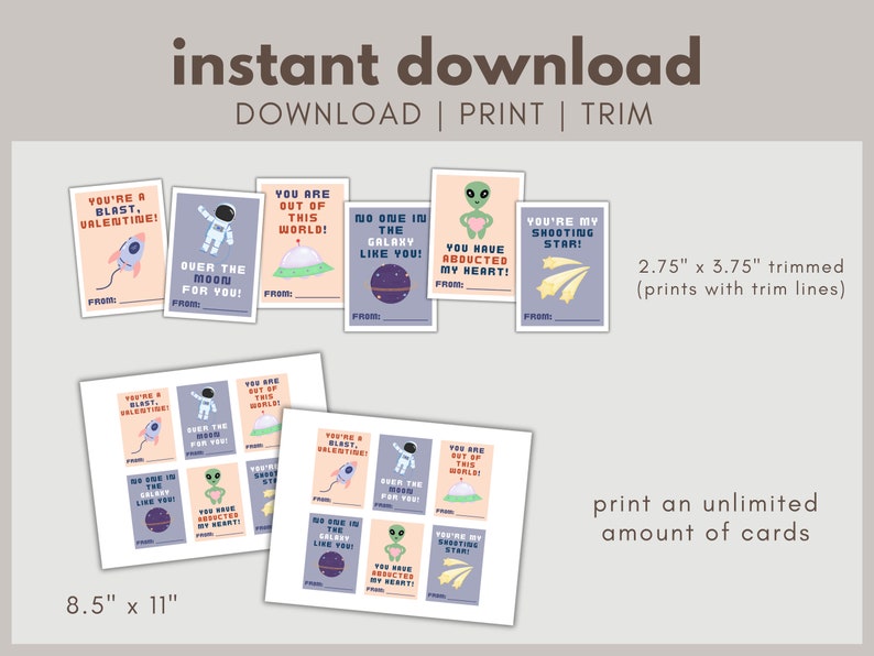 Outer Space Printable Valentine Cards for Kids - Instant Download ...