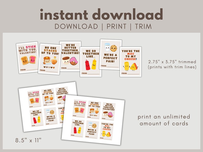 Food Pairs Printable Valentine Cards for Kids Instant Download ...