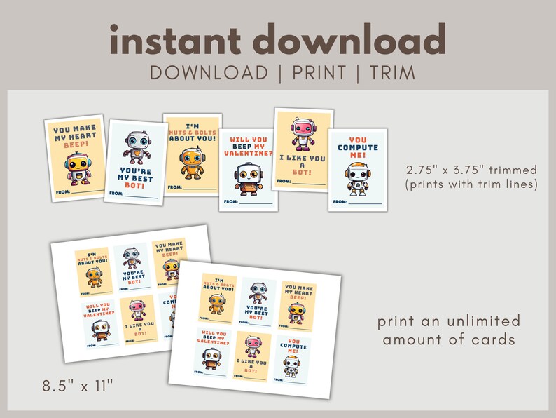 Robot Printable Valentine Cards for Kids - Instant Download Classroom ...