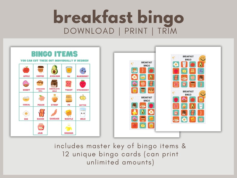 Printable Bingo Breakfast Cards for Kids - Instant Download Classroom ...