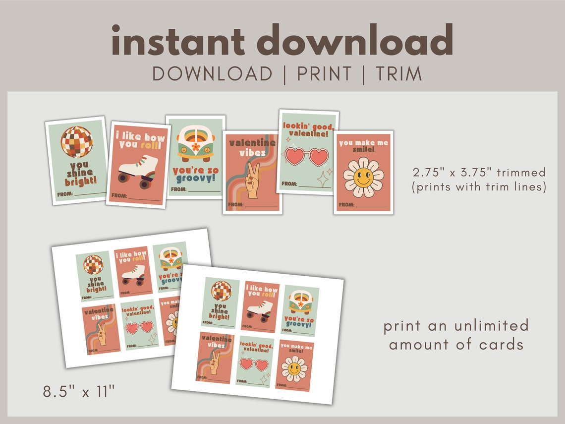 Retro Printable Valentine Cards for Kids Instant Download Classroom ...