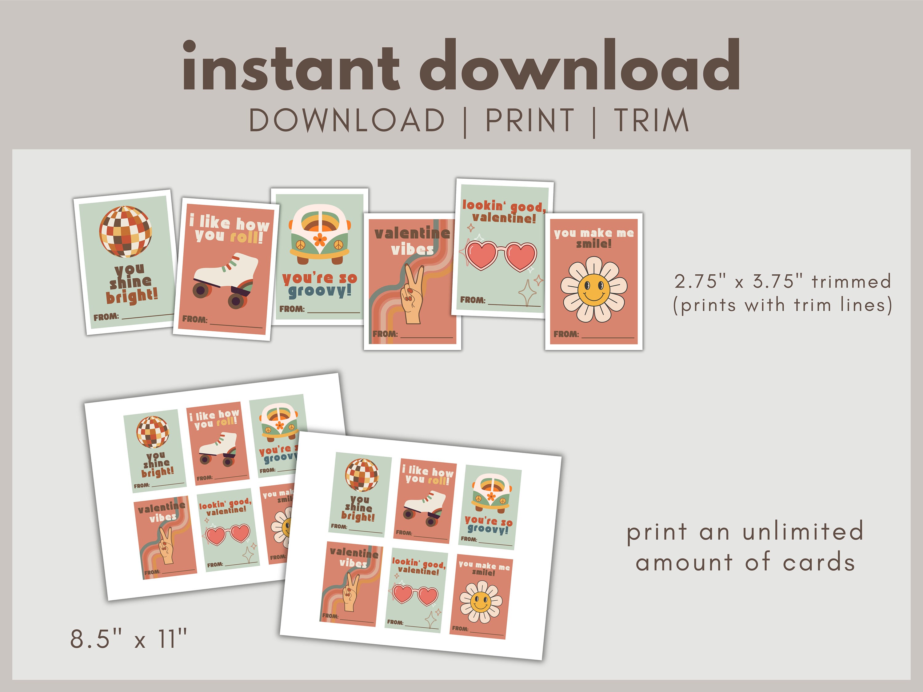Retro Printable Valentine Cards for Kids Instant Download Classroom ...