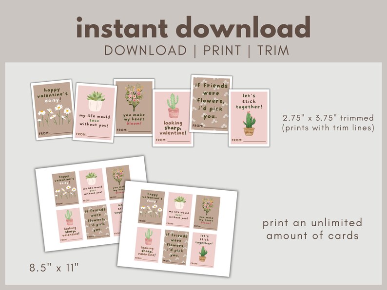 Plants Printable Valentine Cards for Kids Instant Download Classroom ...