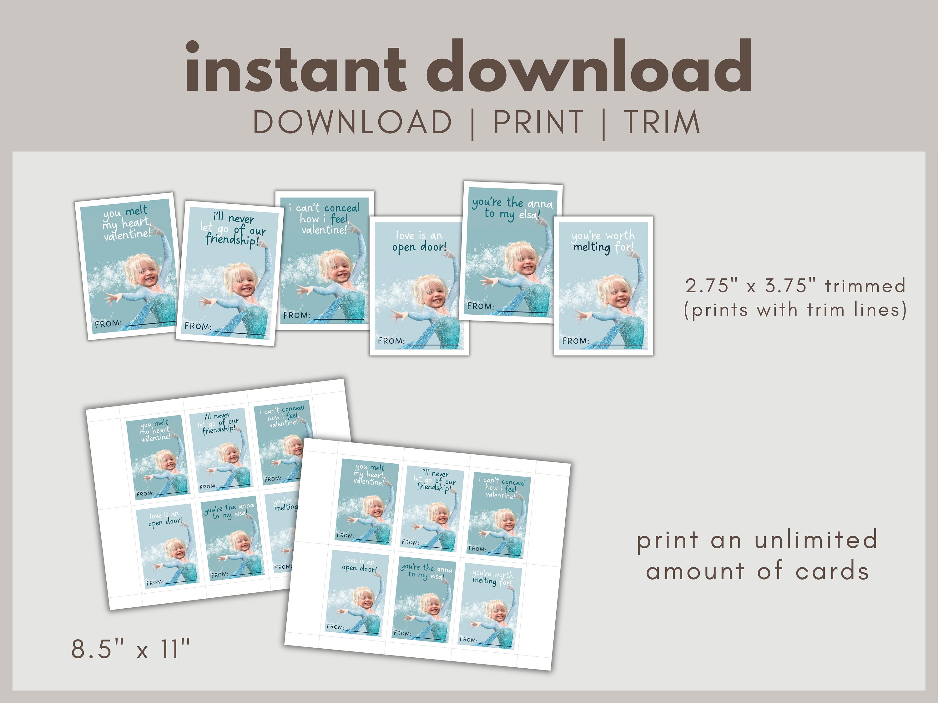 Personalized Frozen Elsa Custom Printable Valentine Cards for Kids ...