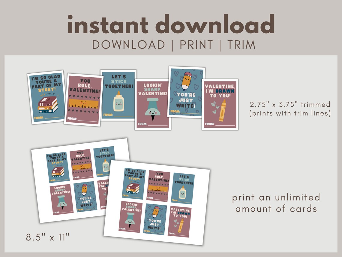 School Supplies Printable Valentine Cards for Kids Instant Download ...