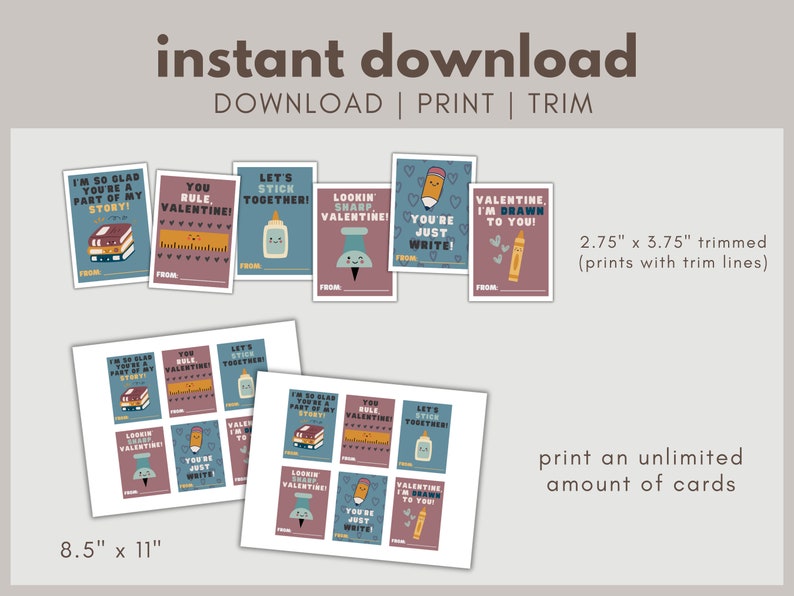 School Supplies Printable Valentine Cards for Kids Instant Download ...