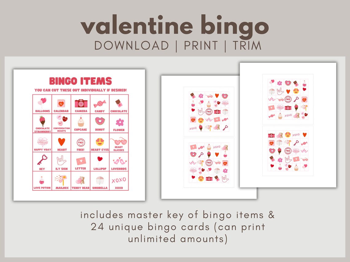 Printable Valentine Bingo Cards for Kids - Instant Download Classroom ...