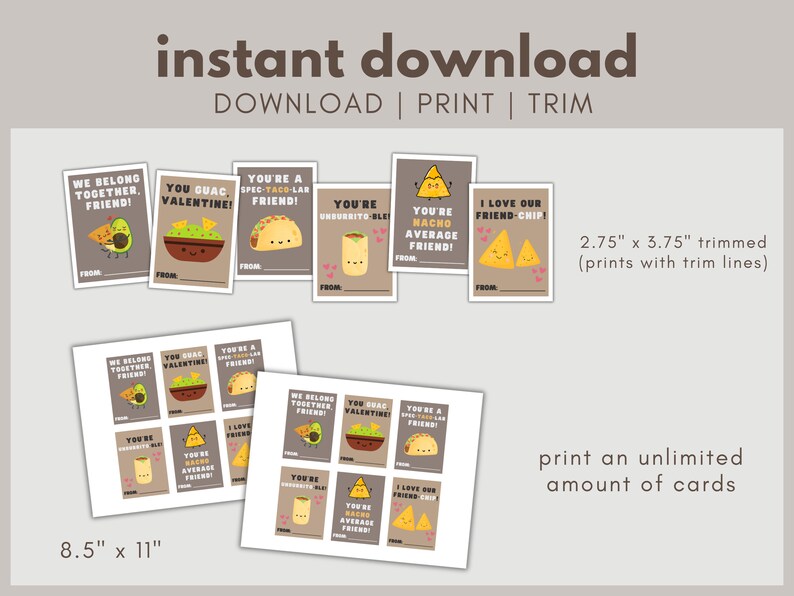 Mexican Food Printable Valentine Cards for Kids Instant Download ...