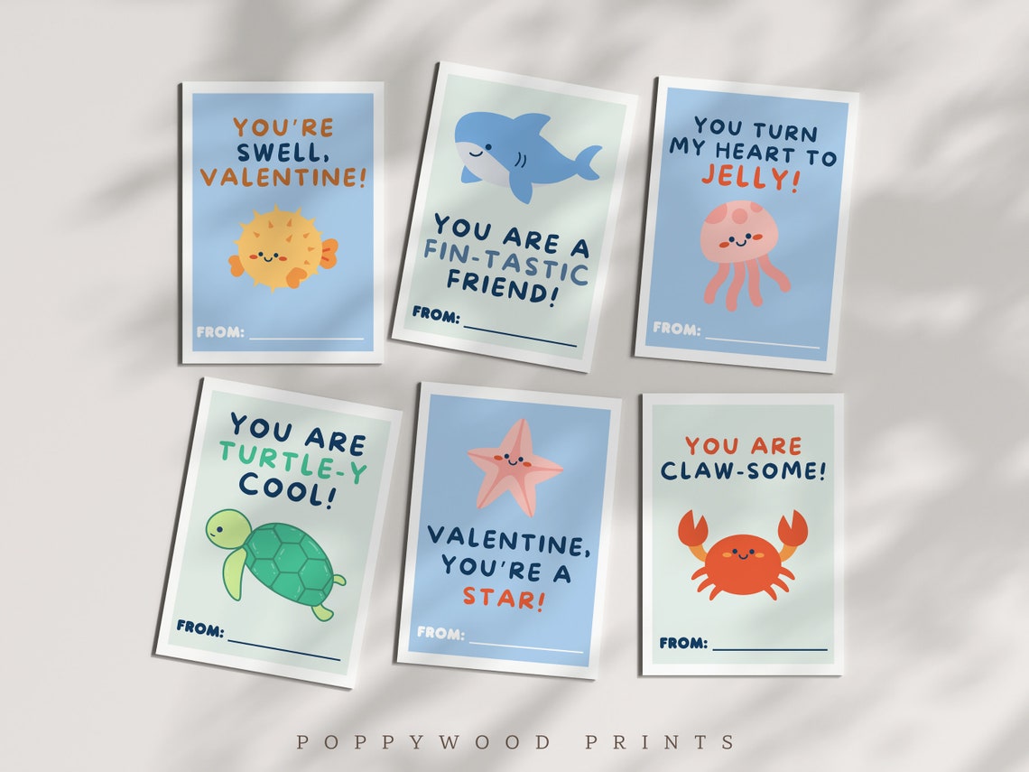 Sea Animals Printable Valentine Cards for Kids Instant Download ...
