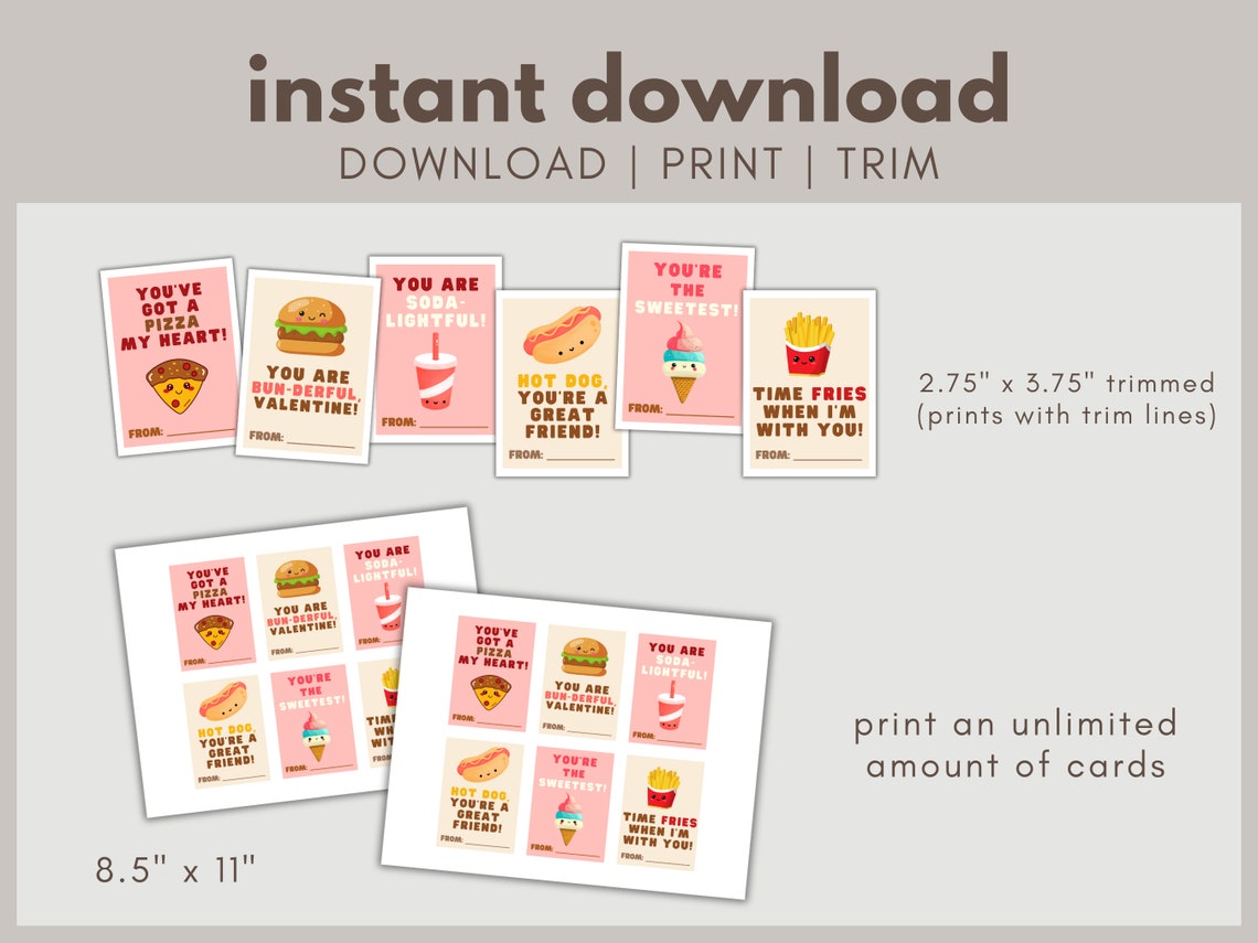 Yummy Food Printable Valentine Cards for Kids - Instant Download ...