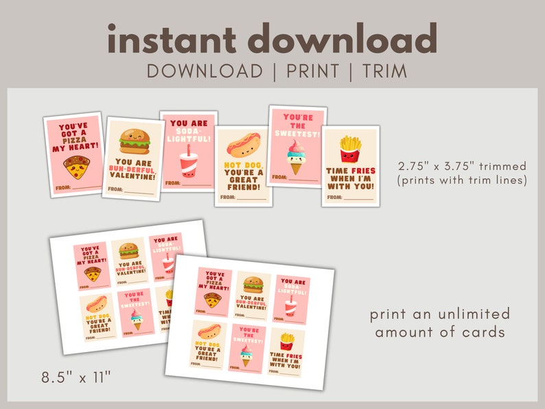 Yummy Food Printable Valentine Cards for Kids - Instant Download ...