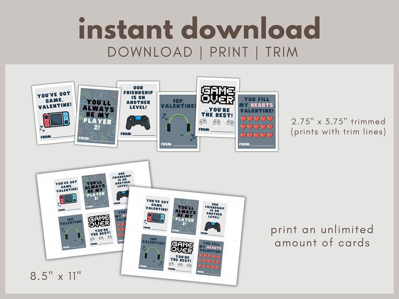 Video Game Printable Valentine Cards for Kids Instant Download Gamer ...