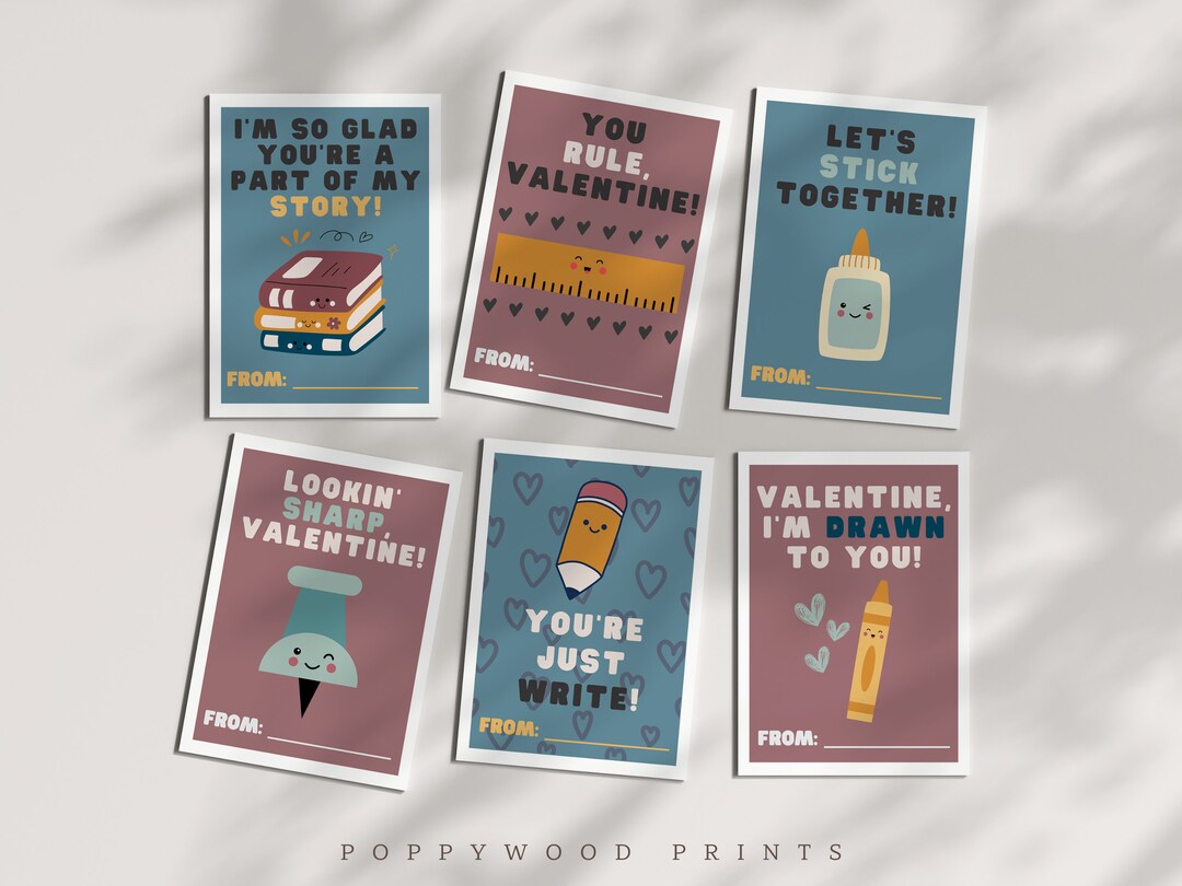 School Supplies Printable Valentine Cards for Kids - Instant Download ...