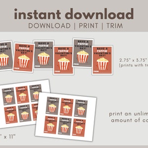 Popcorn Printable Valentine Cards for Kids - Instant Download Classroom ...