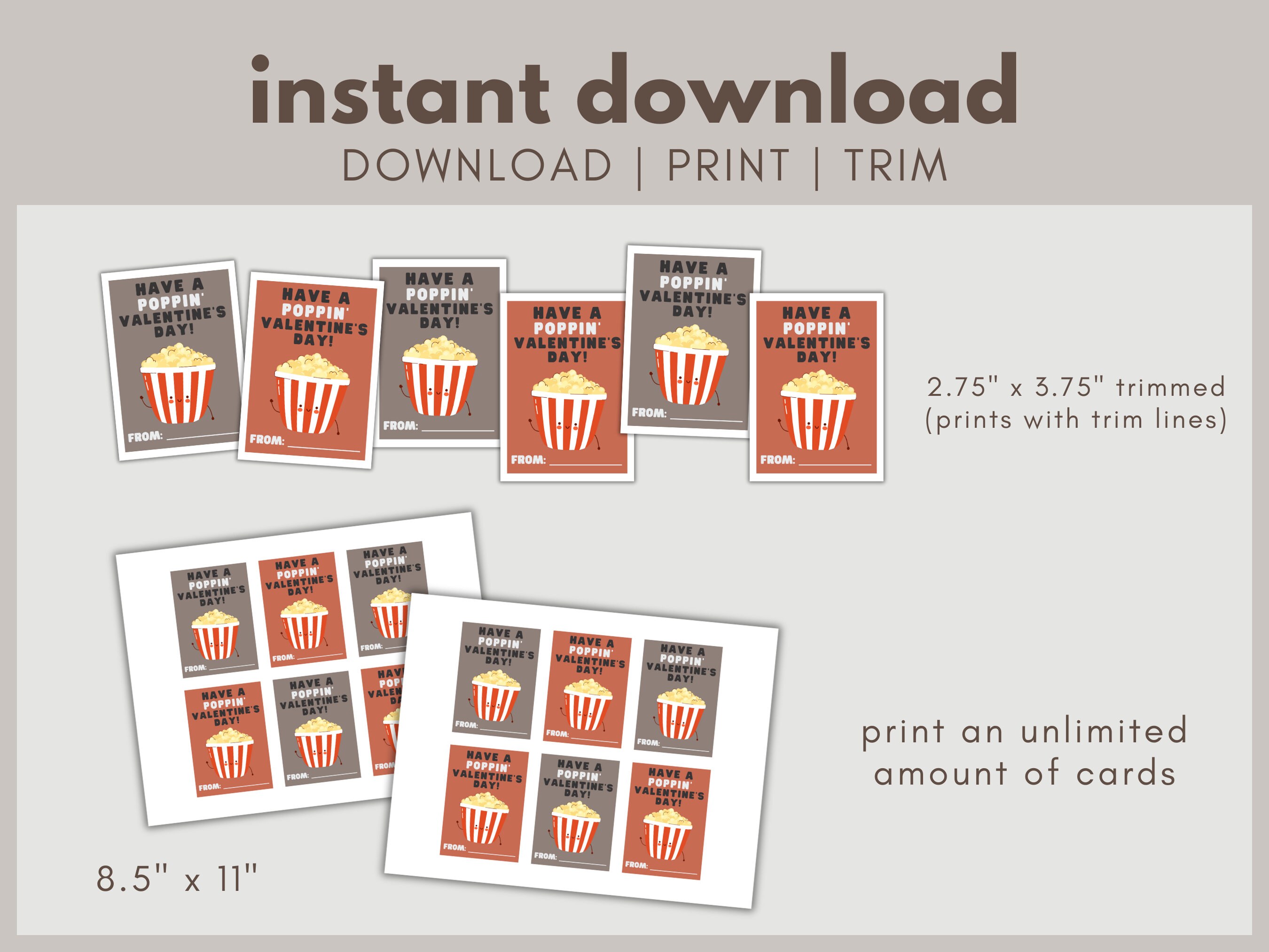 Popcorn Printable Valentine Cards for Kids - Instant Download Classroom ...