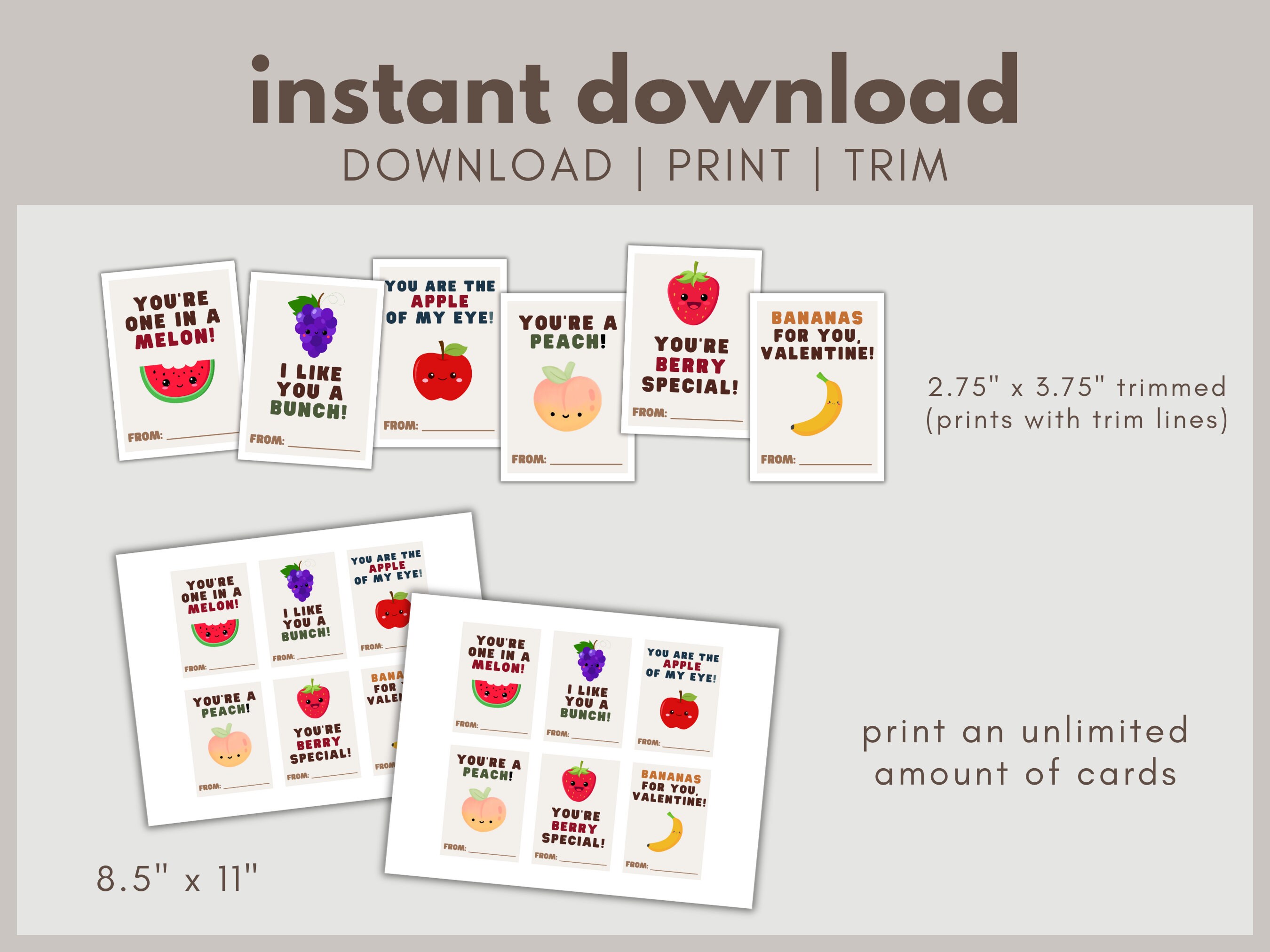 Fruit Printable Valentine Cards for Kids Instant Download Classroom ...