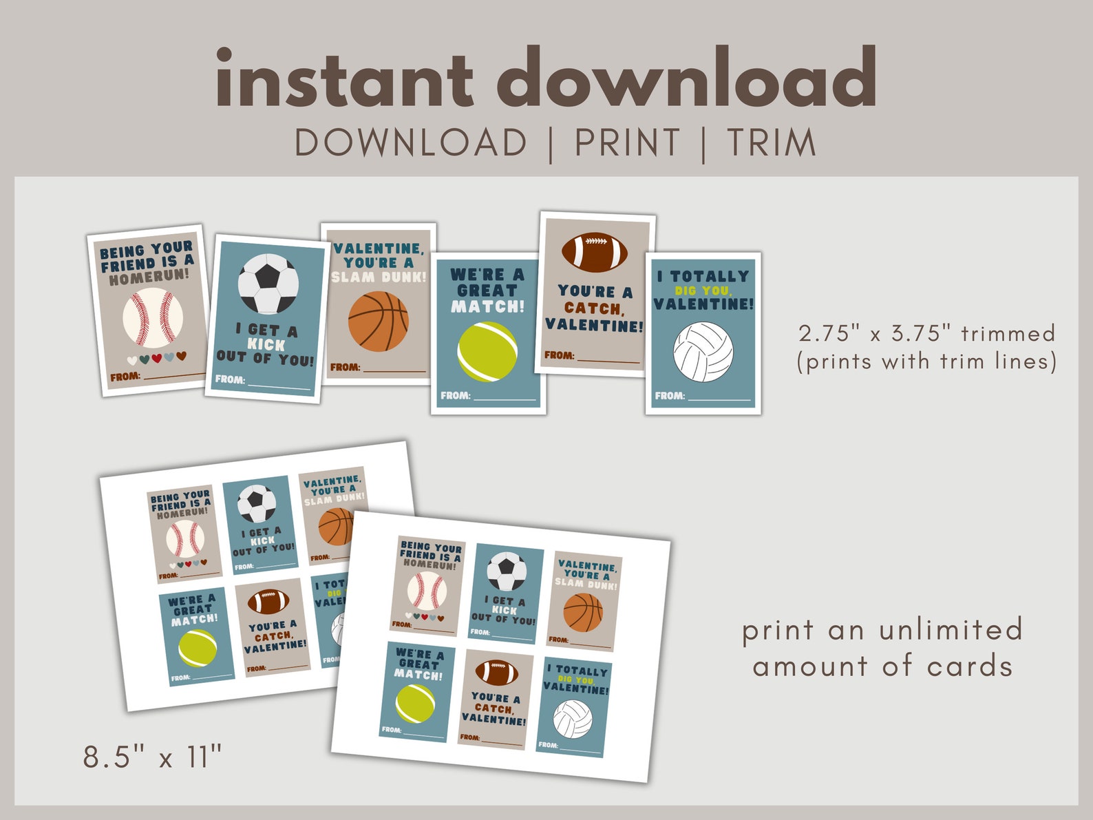 Sports Printable Valentine Cards for Kids - Instant Download Classroom ...