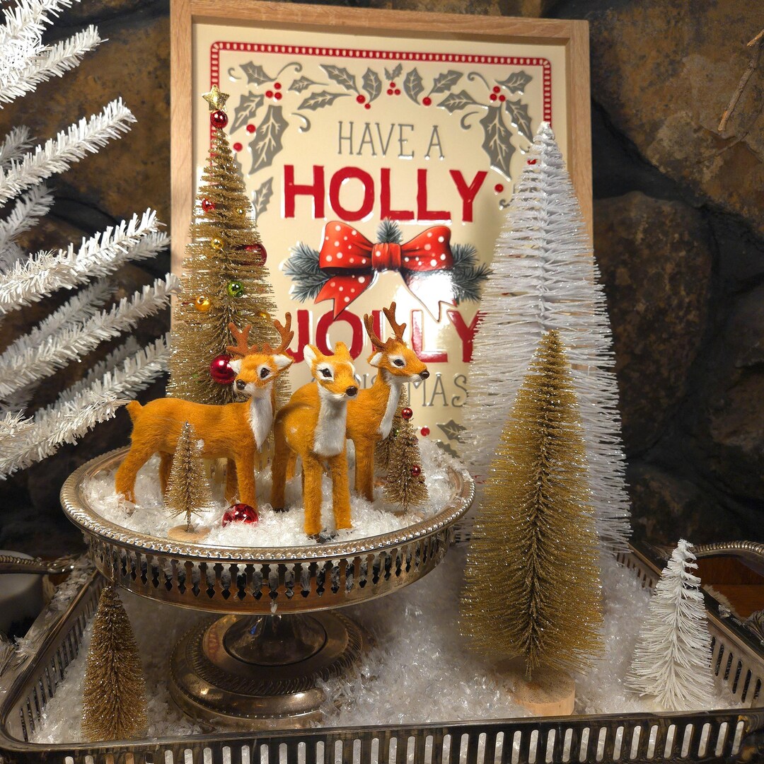 Furry Deer Reindeer Set of 3 Christmas Ornaments/figures Table Display ...