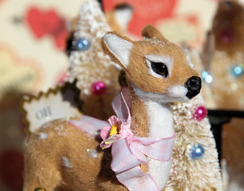 Valentine/spring Doe Deer on Crown With Hearts Bottle Brush Trees ...