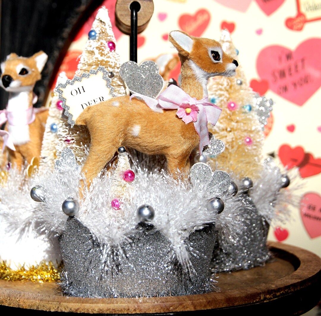 Valentine/spring Doe Deer on Crown With Hearts Bottle Brush Trees ...