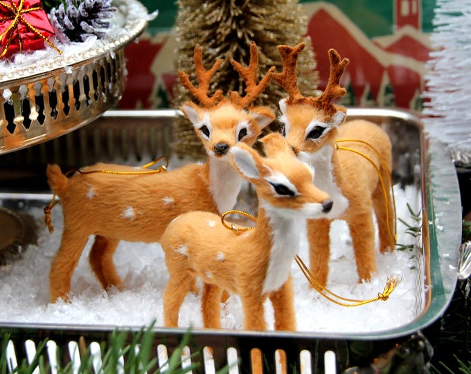 Furry Deer Reindeer Set of 3 Christmas Ornaments Table Display Decor - Etsy