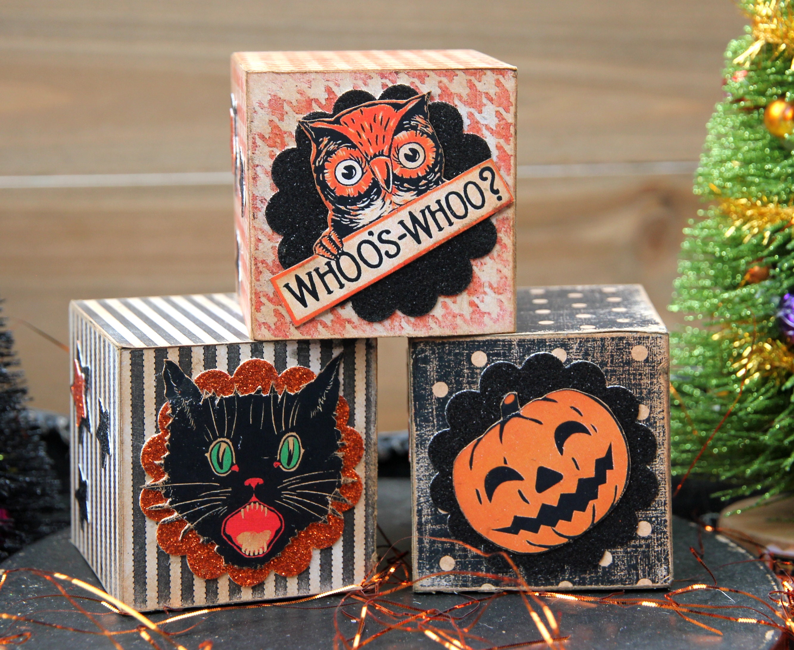 Halloween Wooden Blocks Vintage Cat, Owl, Pumpkin B - Etsy
