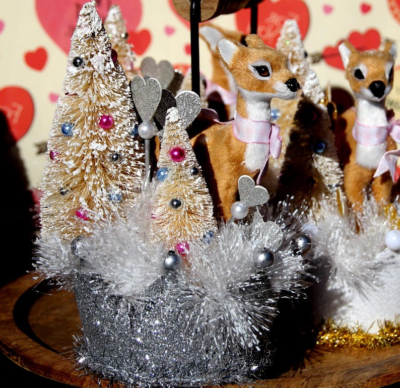 Valentine/spring Doe Deer on Crown With Hearts Bottle Brush Trees ...