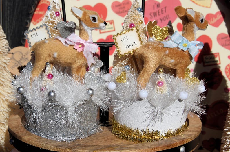 Valentine/spring Doe Deer on Crown With Hearts Bottle Brush Trees ...