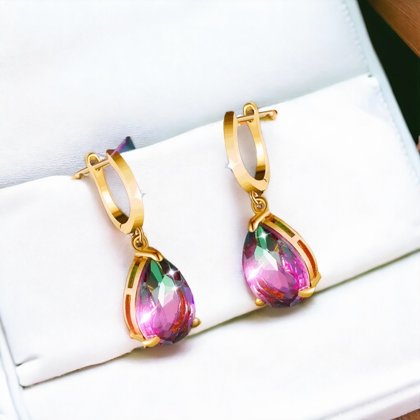 Large Bi-color Imperial Emerald Dangling Earrings I Orange Pink Topaz ... Large Bi-color Imperial Emerald Dangling Earrings I Orange Pink Topaz ...
