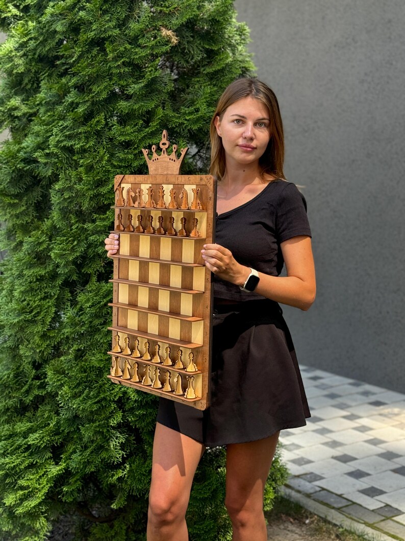 Personalized Vertical Wooden Wall Chess Board Handmade Gift for Him Large Decor Chess Set 5th ...