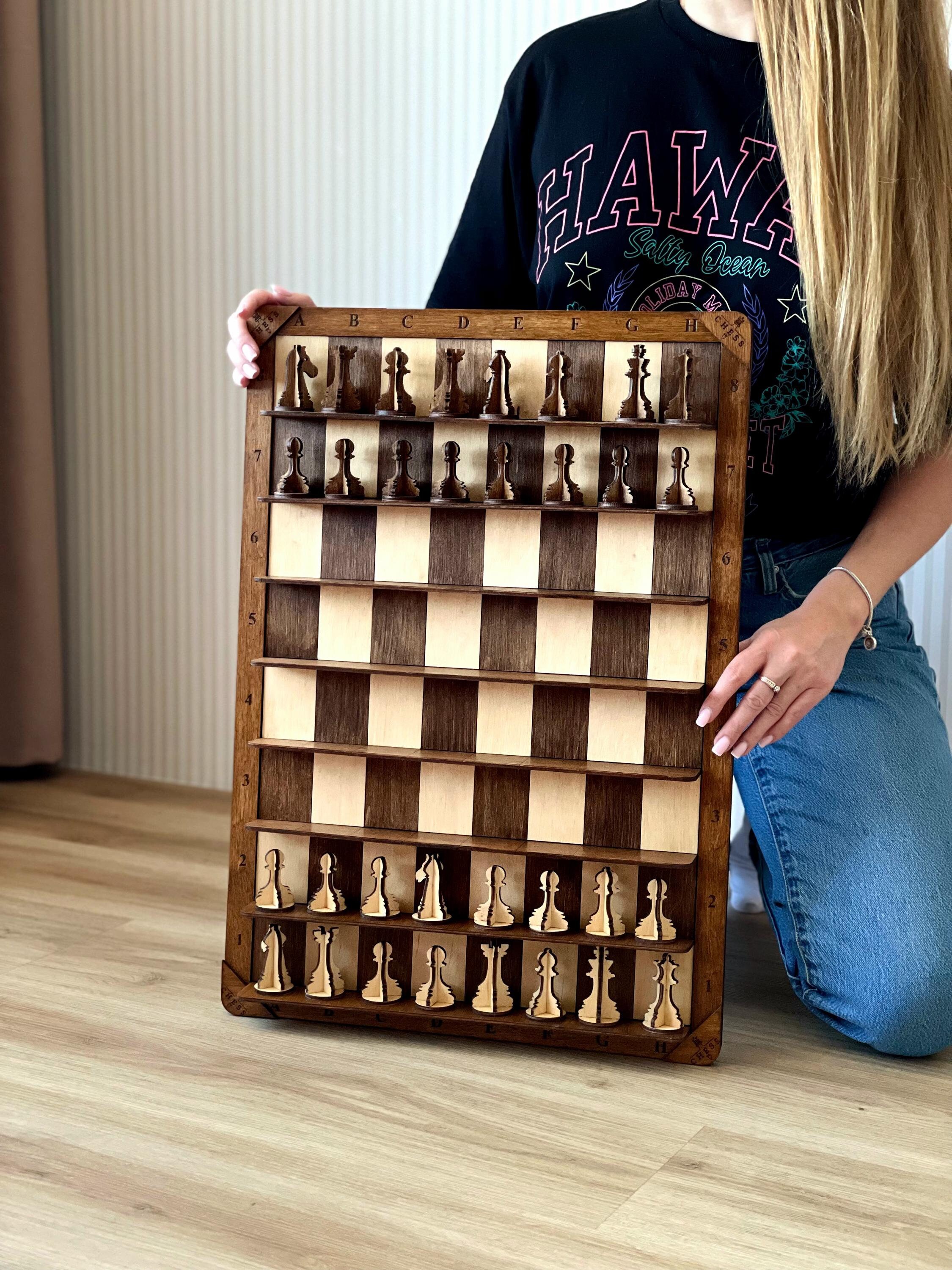 Wooden Wall Chess Set Display Shelf 3D Vertical Chessboard Art Large ...
