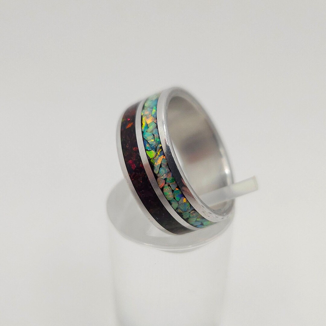 Aluminum Ring Inlaid With Magma Black/snow White Opals. - Etsy