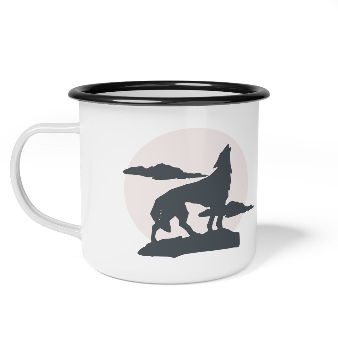 Moonlit Howl: Enamel Cup With Howling Wolf Design, Outdoor Lover Gift ...