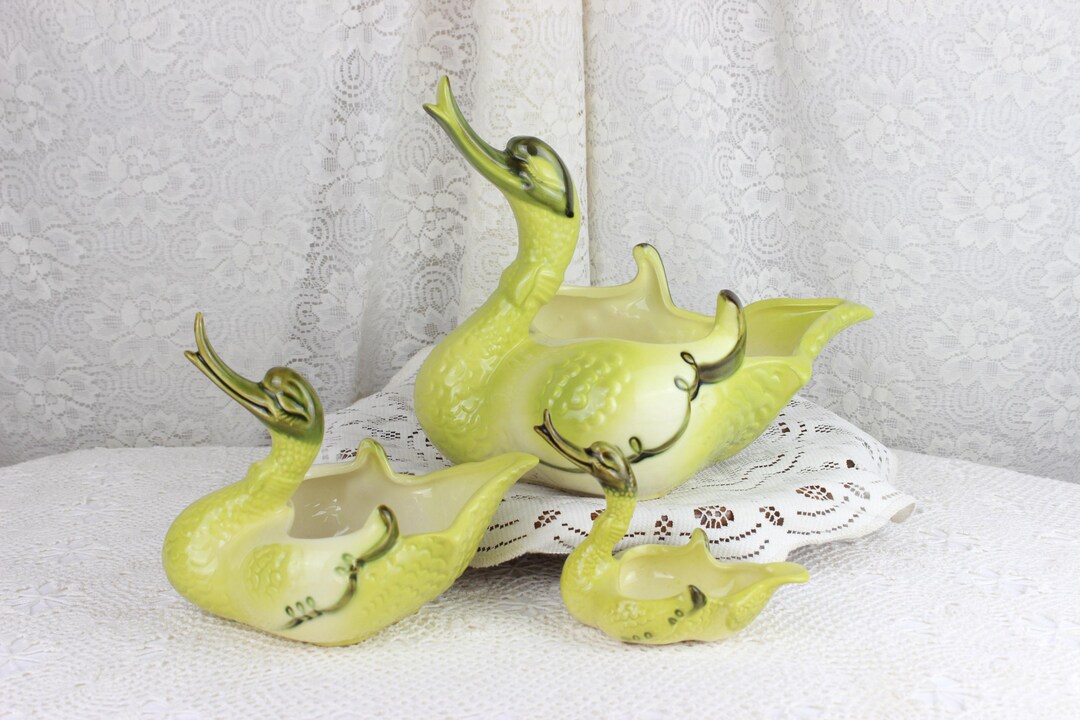 Vintage Hull Pottery Duck Family Planters: 1950s Chartreuse Goose Bowls ...