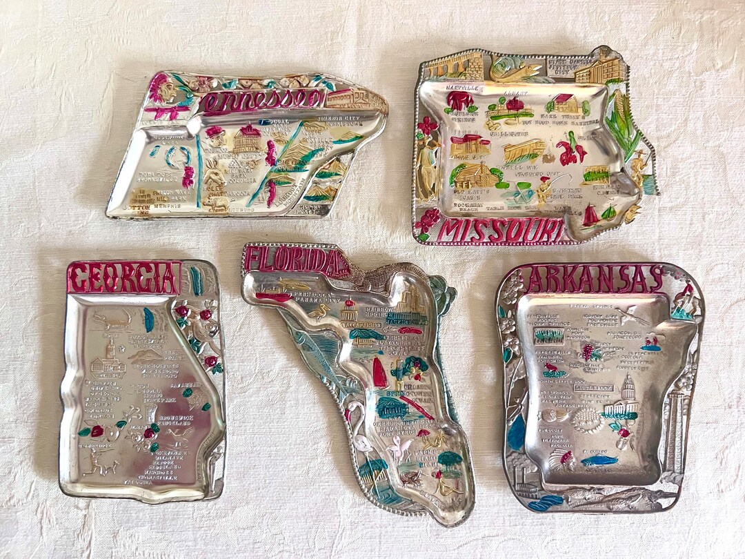 Set of 5 Vintage Mid Century US State Silvertone Hand Painted Metal Souvenir Ashtrays Florida ...