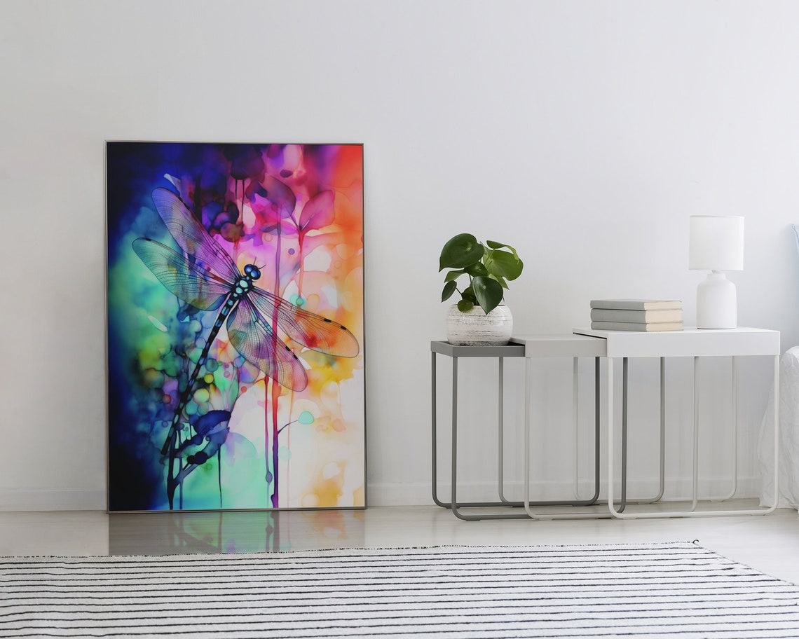Bright Watercolor Dragonfly Art in Rainbow Colors - Wall Decor, Digital ...