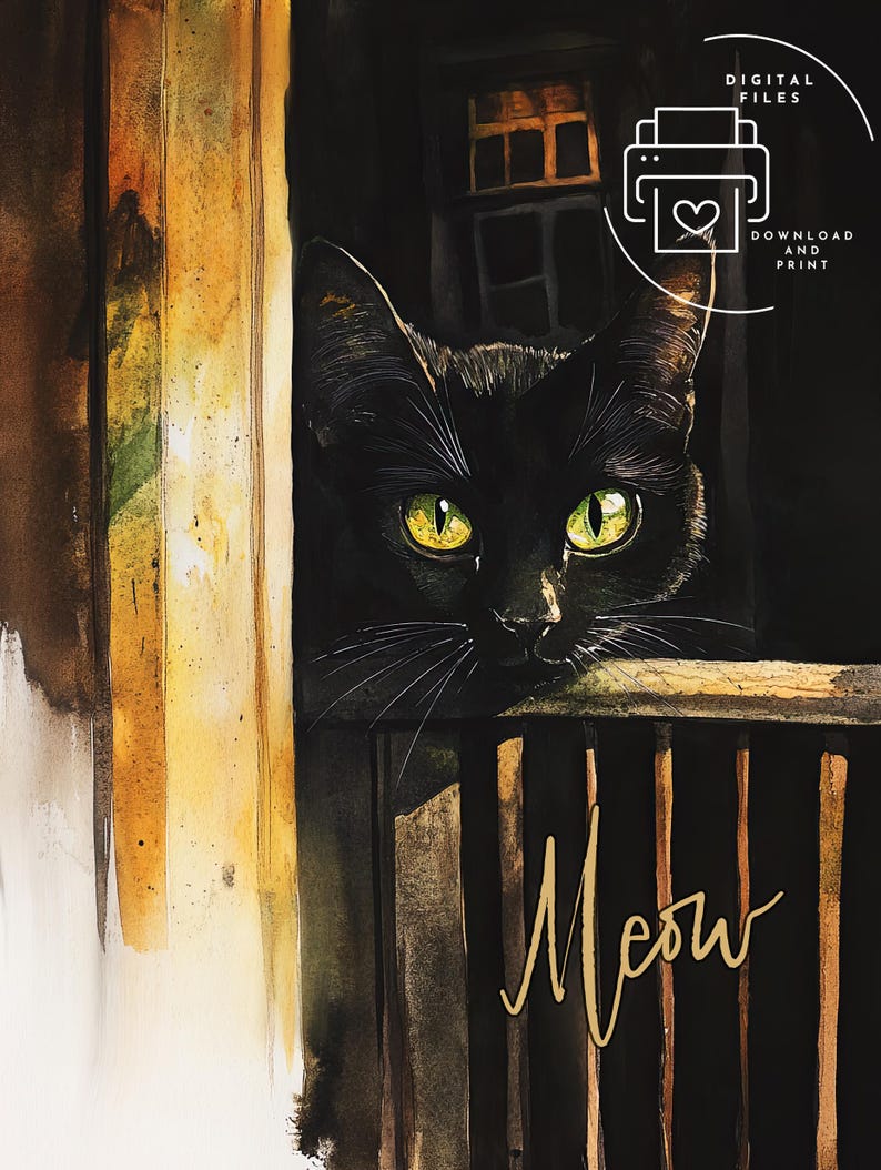 Meow - Black Cat With Intense Yellow Eyes: Printable Halloween Wall Art ...