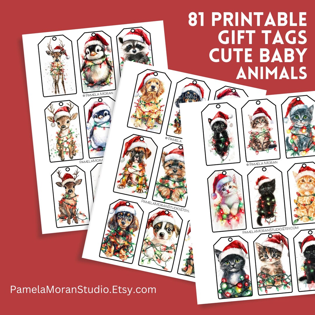 Set of 81 Printable Holiday Gift Tags baby Animals, Kittens, Puppies ...